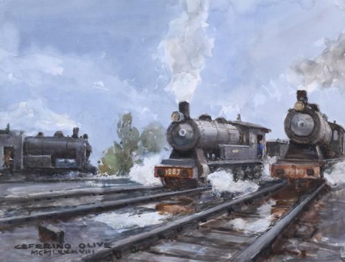 CEFERINO OLIVÉ (1907-1995)., TRENES, 1988., Acuarela sobre papel.
