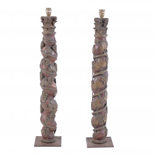 PAIR OF BAROQUE COLUMNS CONVERTED INTO LAMPS, 18TH CENTURY., PAIR OF BAROQUE COLUMNS CONVERTED INTO LAMPS, 18TH CENTURY.,
